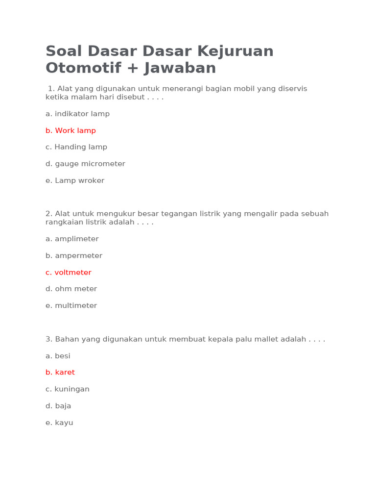 Soal Dasar Dasar Kejuruan Otomotif | PDF