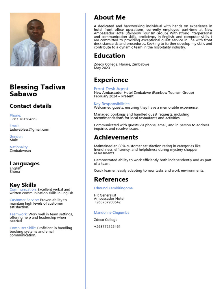 TADIWA CV | PDF | Zimbabwe | Communication