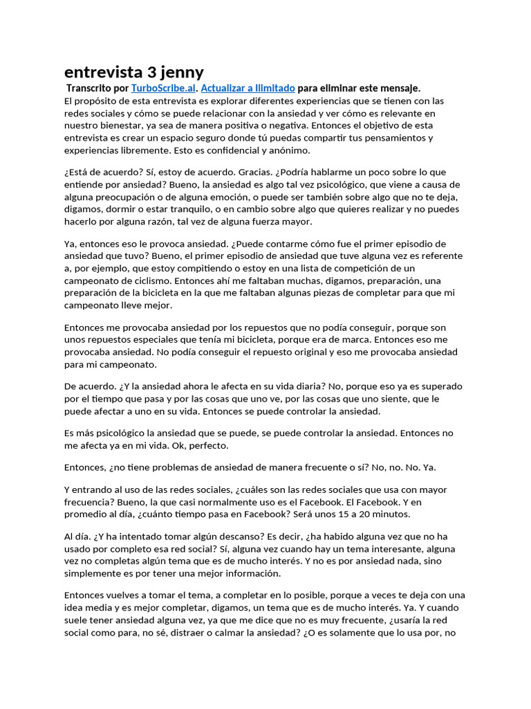 Entrevista 3 Jenny | PDF | Ansiedad | Facebook