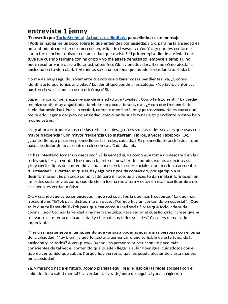Entrevista 1 Jenny | PDF | Ansiedad | Verdad