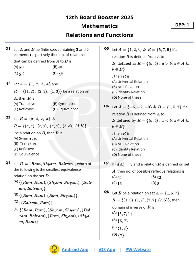 Relations and Functions _ DPP 01 (of Lec 02)__ 12th Board Booster 2025 | PDF | Geometry ...