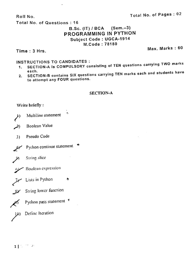 BSC Bca 3 Sem Programming in Python 78180 Dec 2022 | PDF