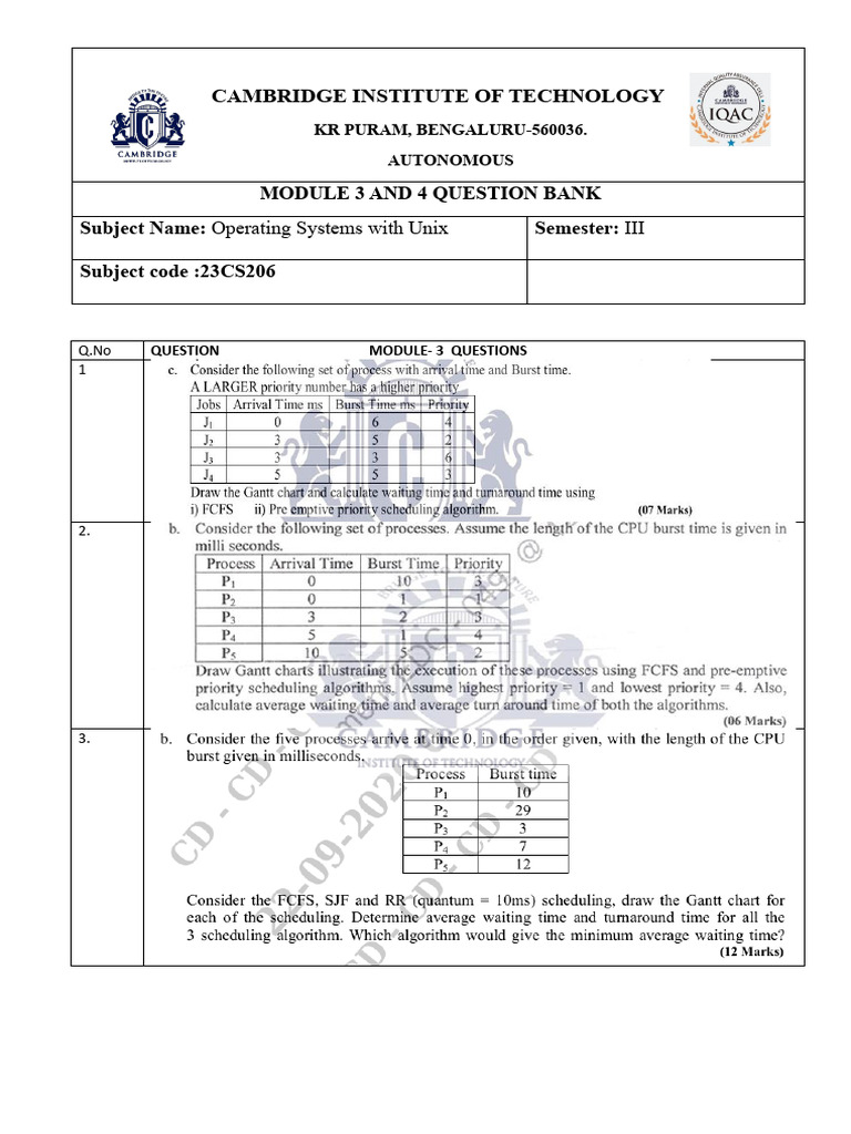 Operating Systems Question Bank for Semester III | PDF | Computer Data ...