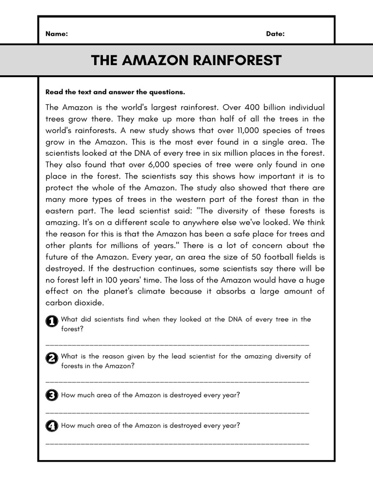 The Amazon Rainforest Reading Comprehension Worksheet in Green Fun ...