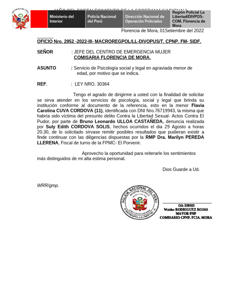 OFICIO para el CEM para conocimiento de denuncia | PDF | Violencia ...