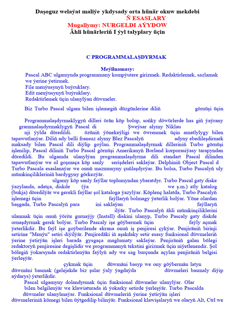 1-Nji Tema PASCAL ABC PROGRAMMALAŞDYRMAK DILI | PDF