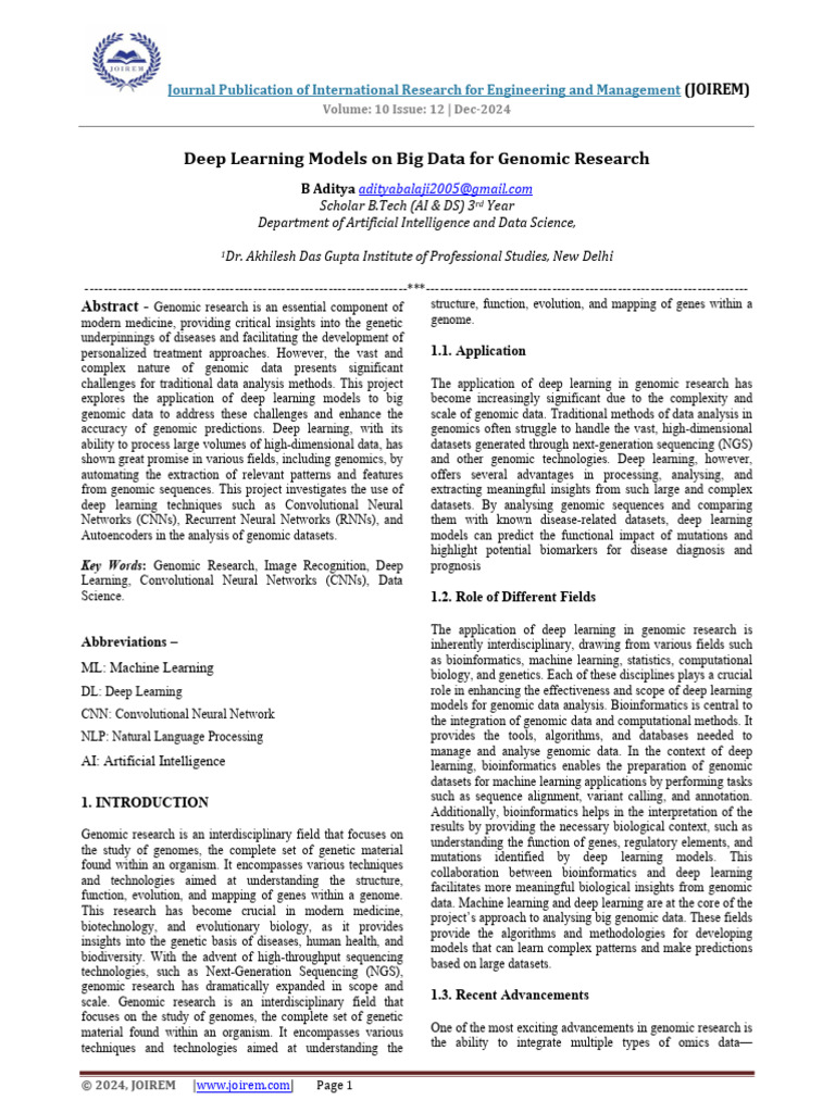 Deep Learning Models On Big Data For Genomic Research | PDF | Bioinformatics | Genomics