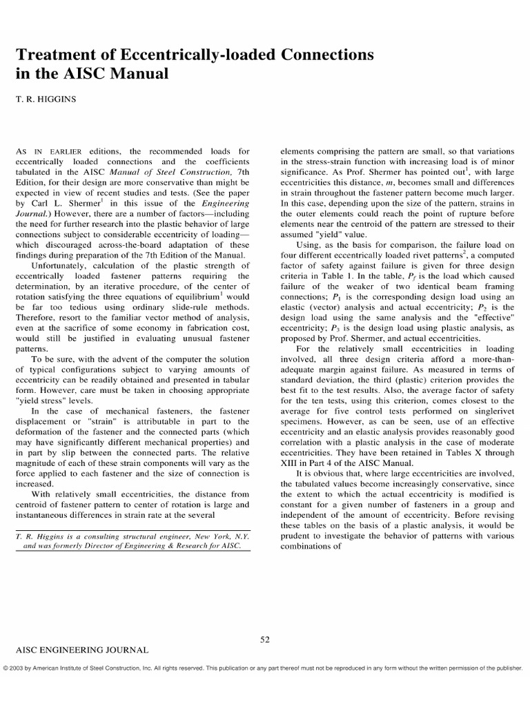 T R Higgins (1971) - Treatment of Eccentrically-Loaded Connections in The AISC Manual | PDF