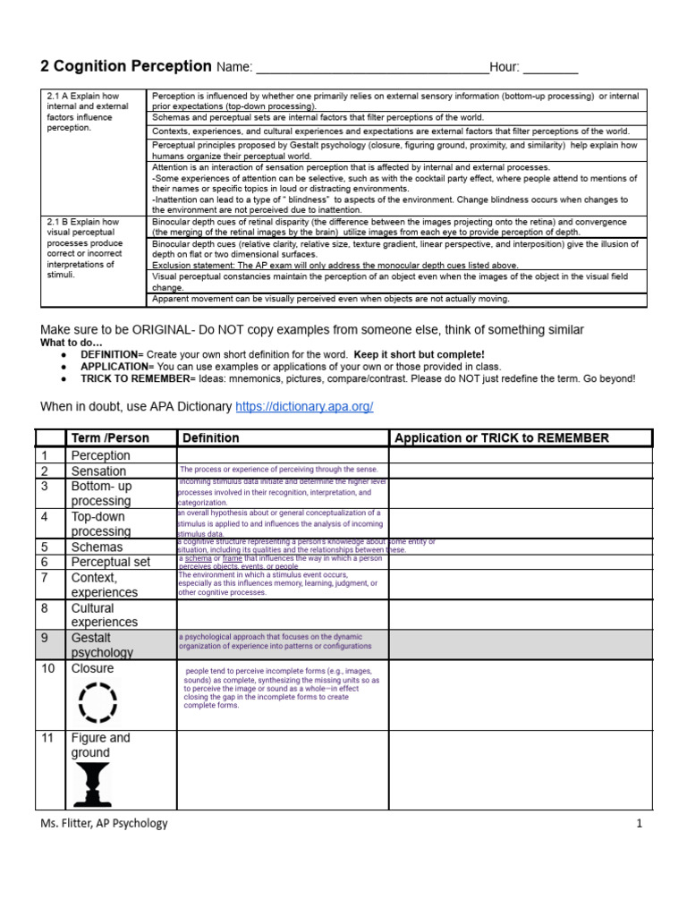 AP Psych Unit 2.1 Vocab & Questions | PDF | Perception | Attention