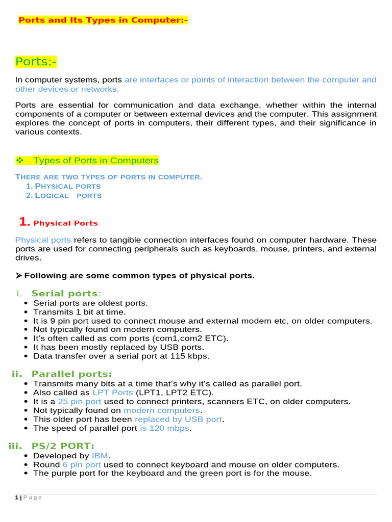 Ports and Its Types Assignment | PDF | Port (Computer Networking) | Usb