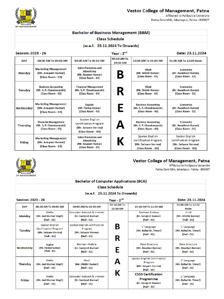 BBM, BCA - 2nd & 3rd Year Class Schedule - 23.11.2024 | PDF