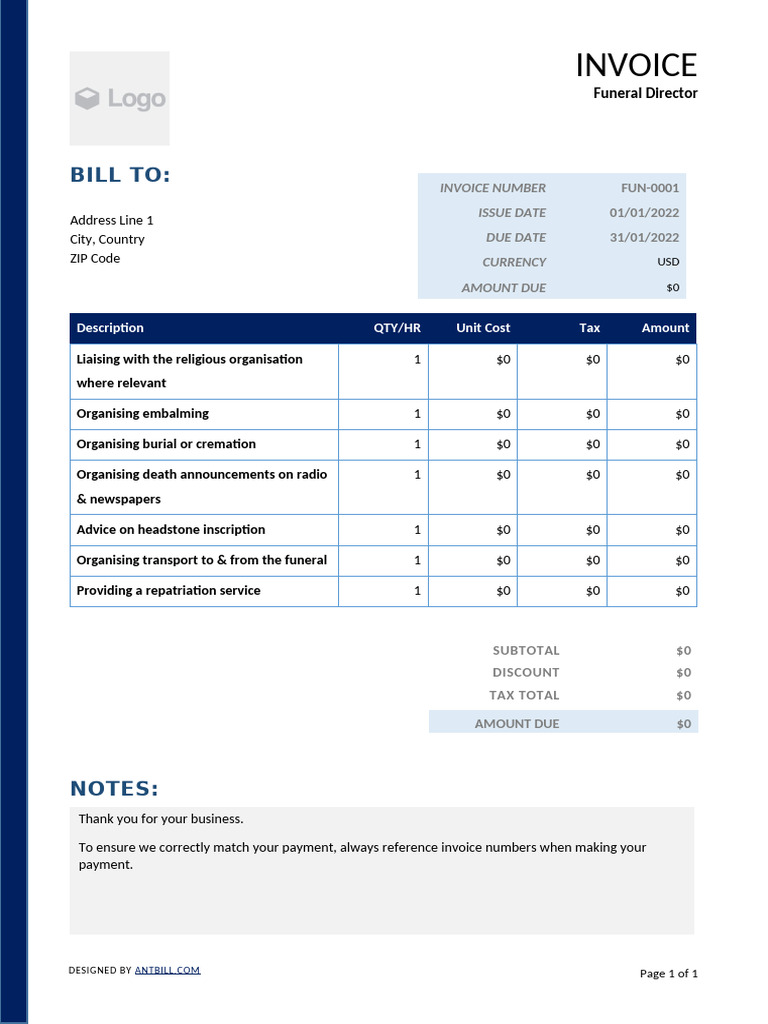 Funeral Director Invoice Template - Professional | PDF