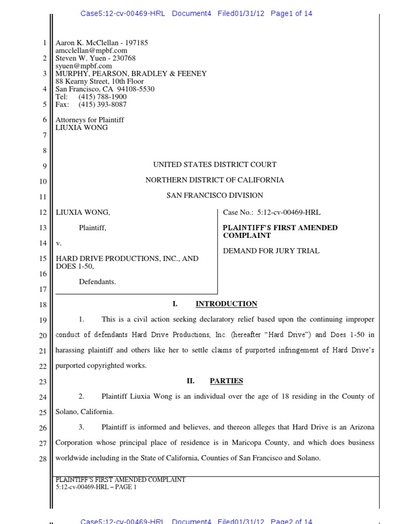 Liuxia Wong v. Hard Drive Productions Complaint | PDF | Copyright ...