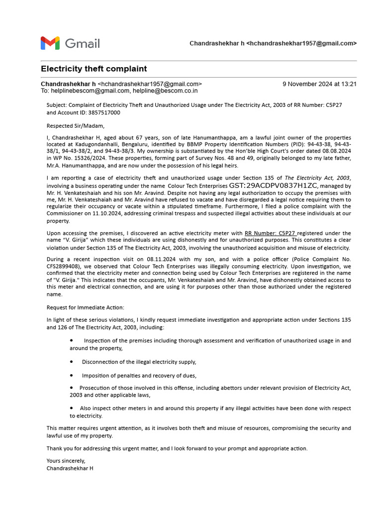Gmail - Electricity theft complaint | PDF | Theft | Justice