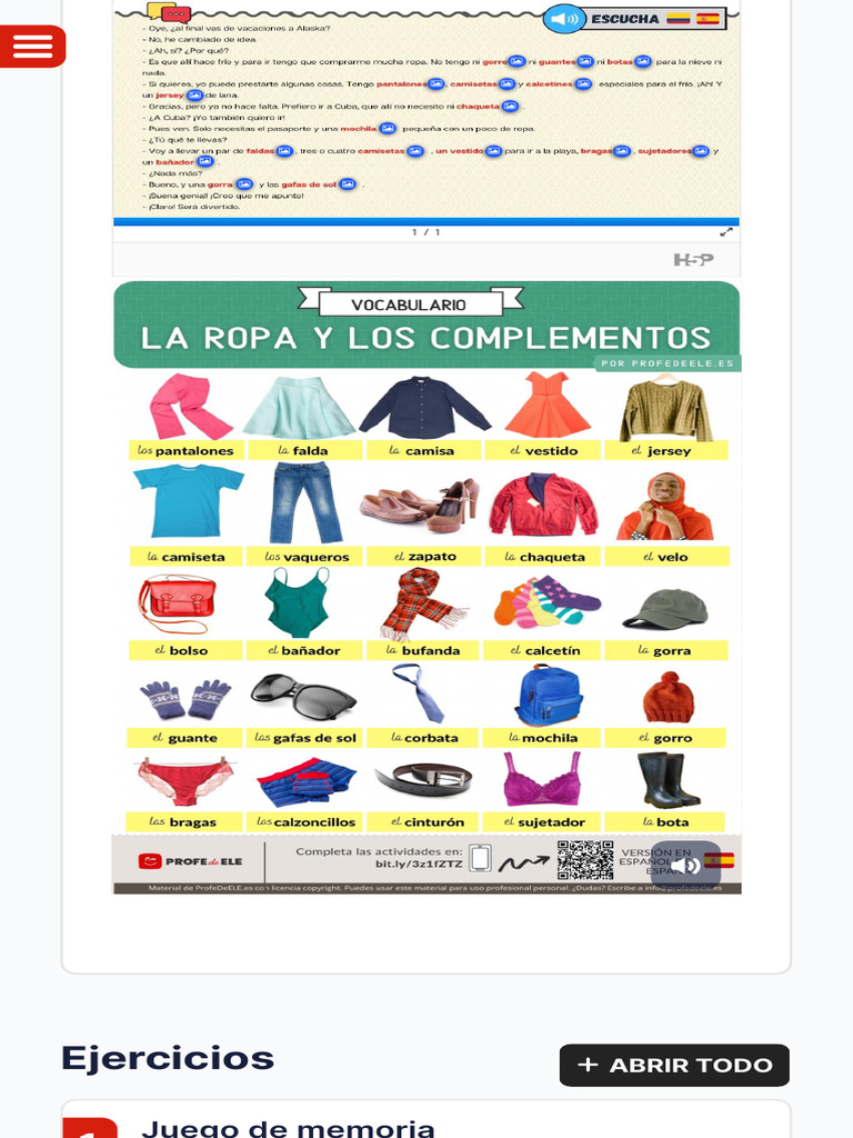 Vocabulario de La Ropa y de Los Complementos - ProfeDeELE | PDF