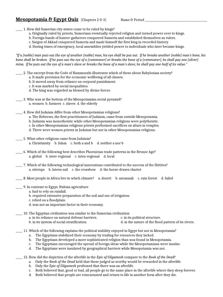 c) Mesopotamia & Egypt Quiz | PDF | Mesopotamia | Ancient Egypt