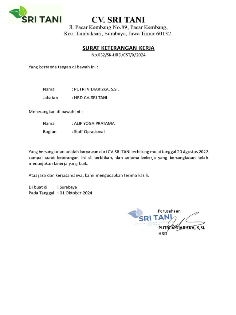 SURAT KETERANGAN KERJA Alif | PDF