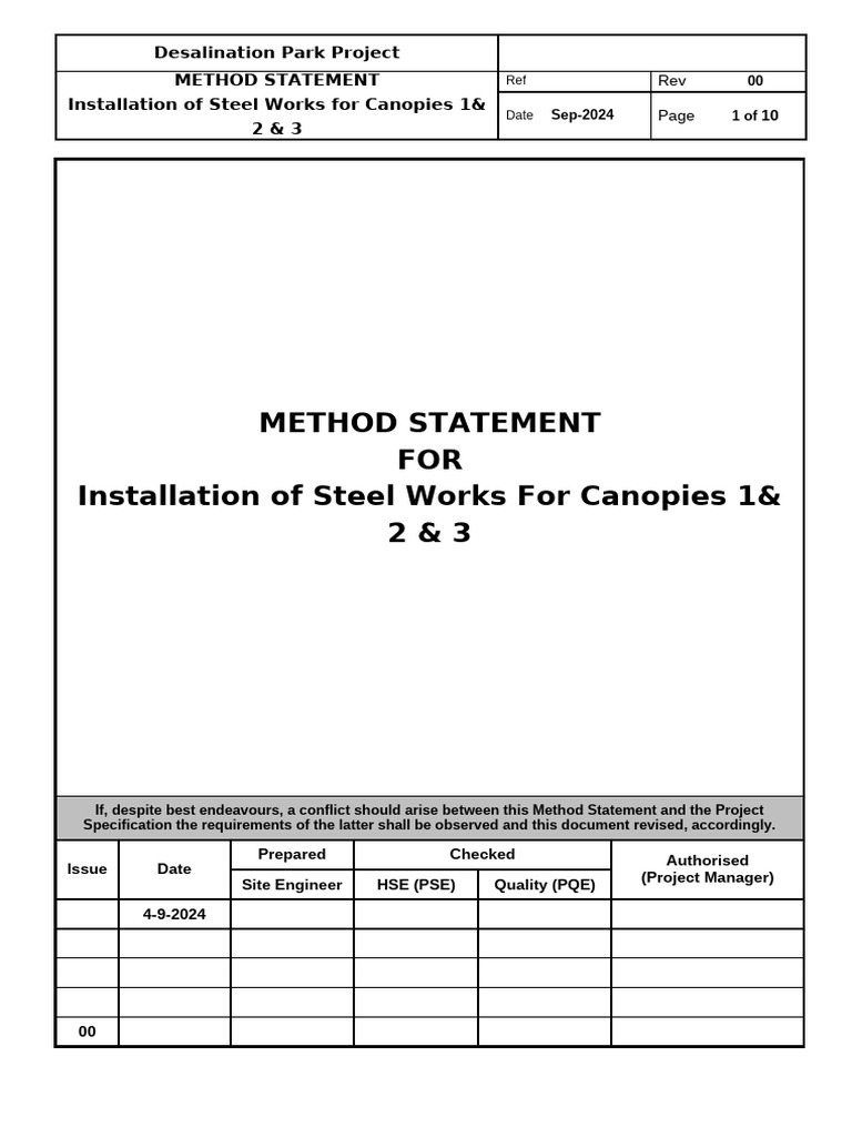 BMS-Method Statement For Installation of Steel Works For Canopies (1,2,3) | PDF | Personal ...