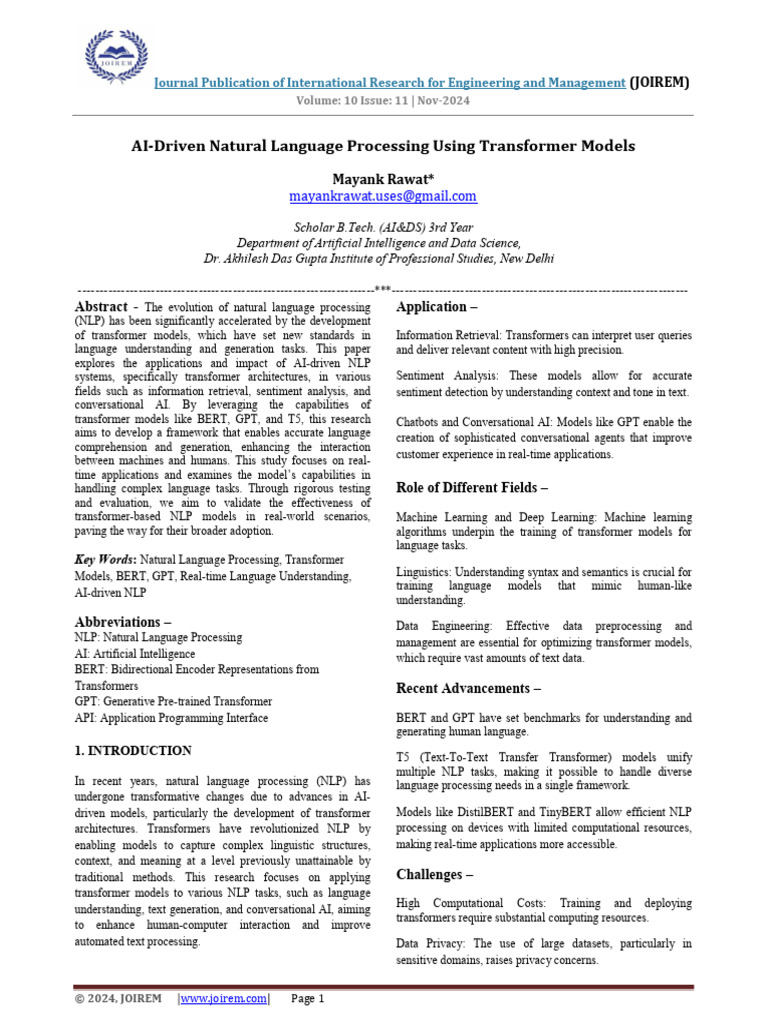 AI-Driven Natural Language Processing Using Transformer Models | PDF | Artificial Intelligence ...