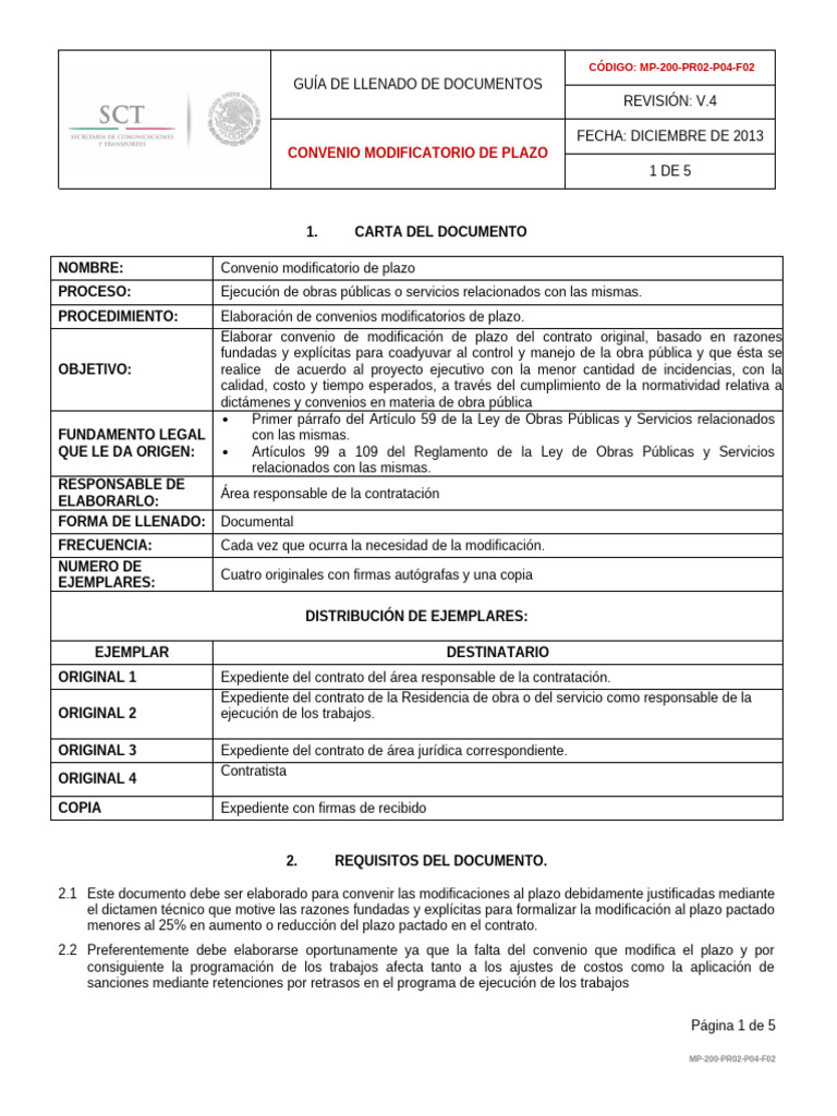 Convenio Modificatorio de Plazo: CÓDIGO: MP-200-PR02-P04-F02 | PDF