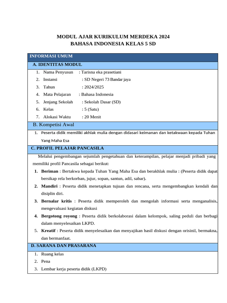 MODUL AJAR B. Indo Tarisna Eka Prasetiani | PDF