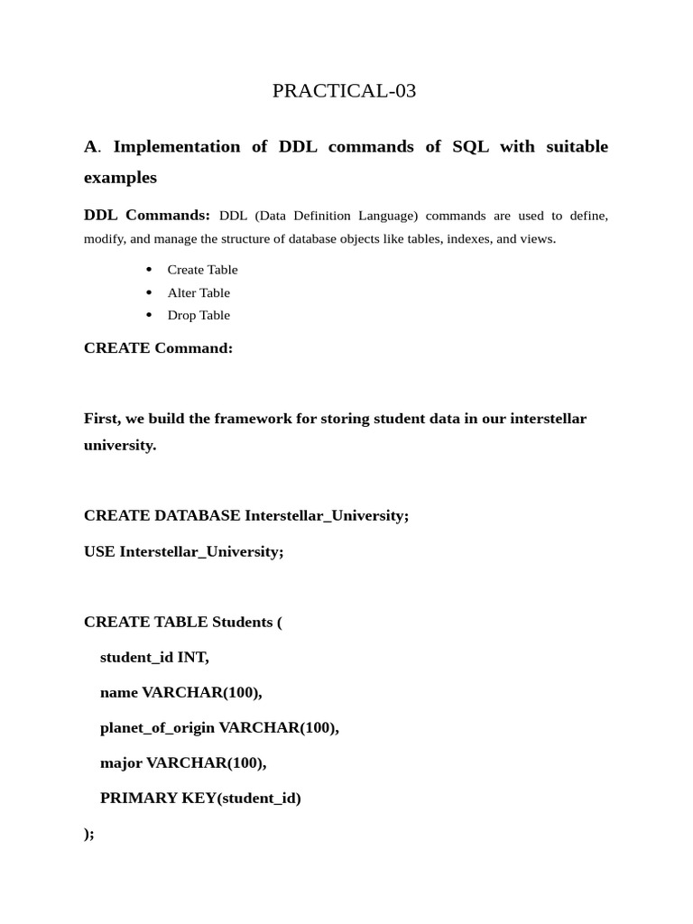 Practical-03: A Implementation of DDL Commands of SQL With Suitable ...
