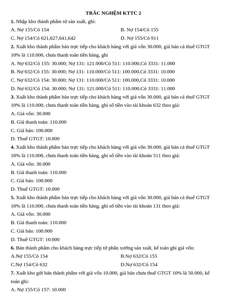 Trắc Nghệm Kttc 2 | PDF