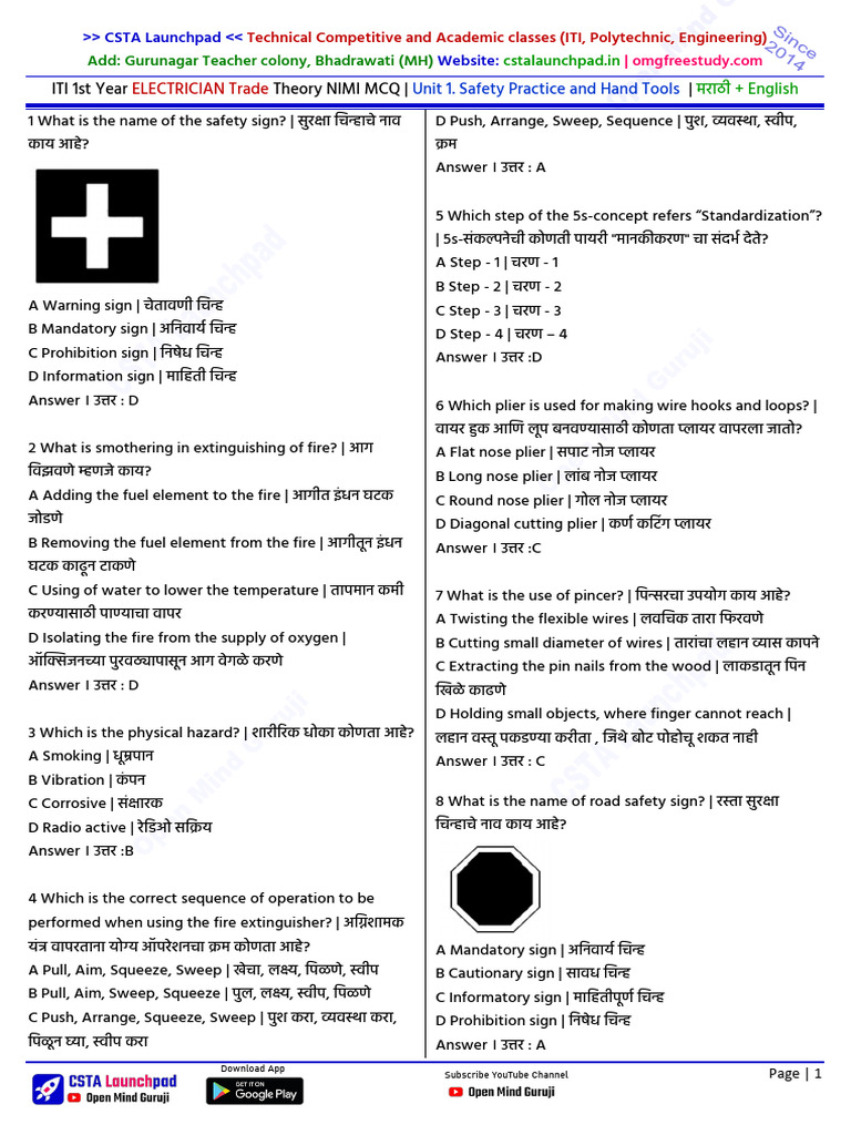 1 Safety Practice and Hand Tools ITI 1st Year Electrician Theory MCQ ...