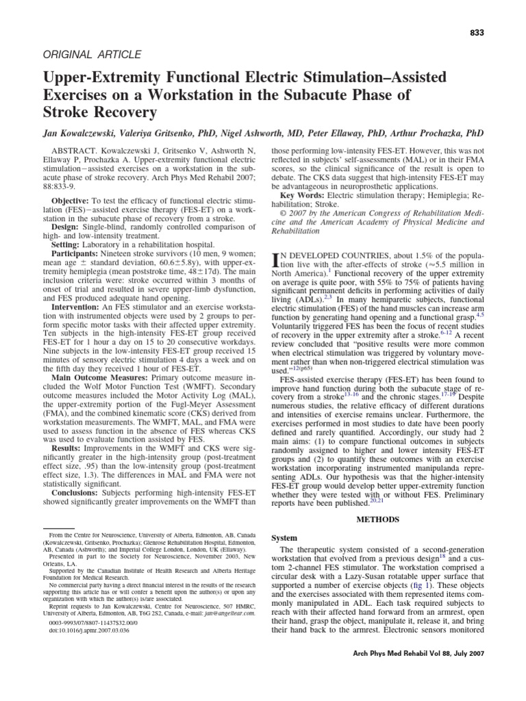FES Assisted Exercise Therapy in The SubAcute Phase of Stroke Recovery ...