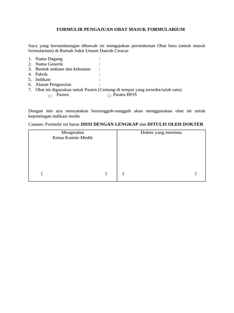 Formulir Pengajuan Obat Masuk Formularium | PDF