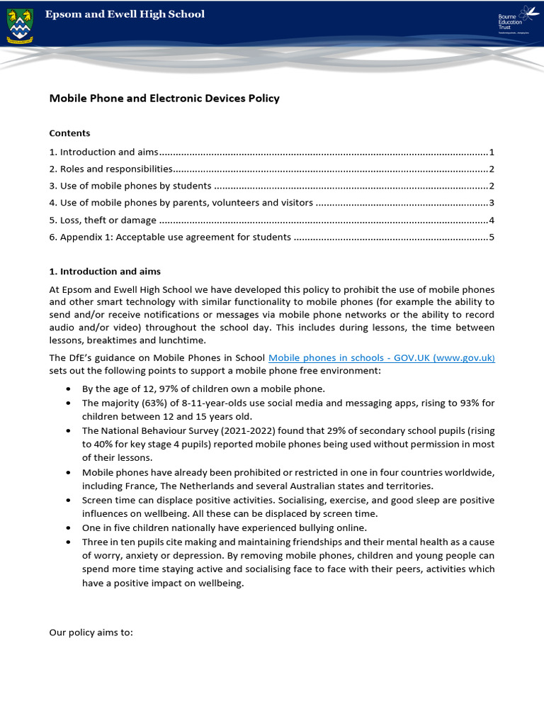 Mobile Phone and Electronic Devices Policy Update | PDF | Mobile Phones ...