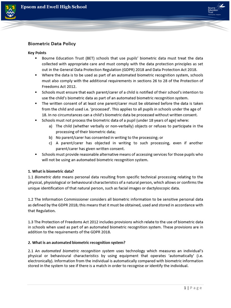 Biometric Data Policy for Schools | PDF | Biometrics | Information