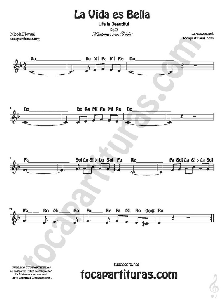 La Vida Es Bella Partitura Fácil Con Notas en Clave de Sol Flauta ...