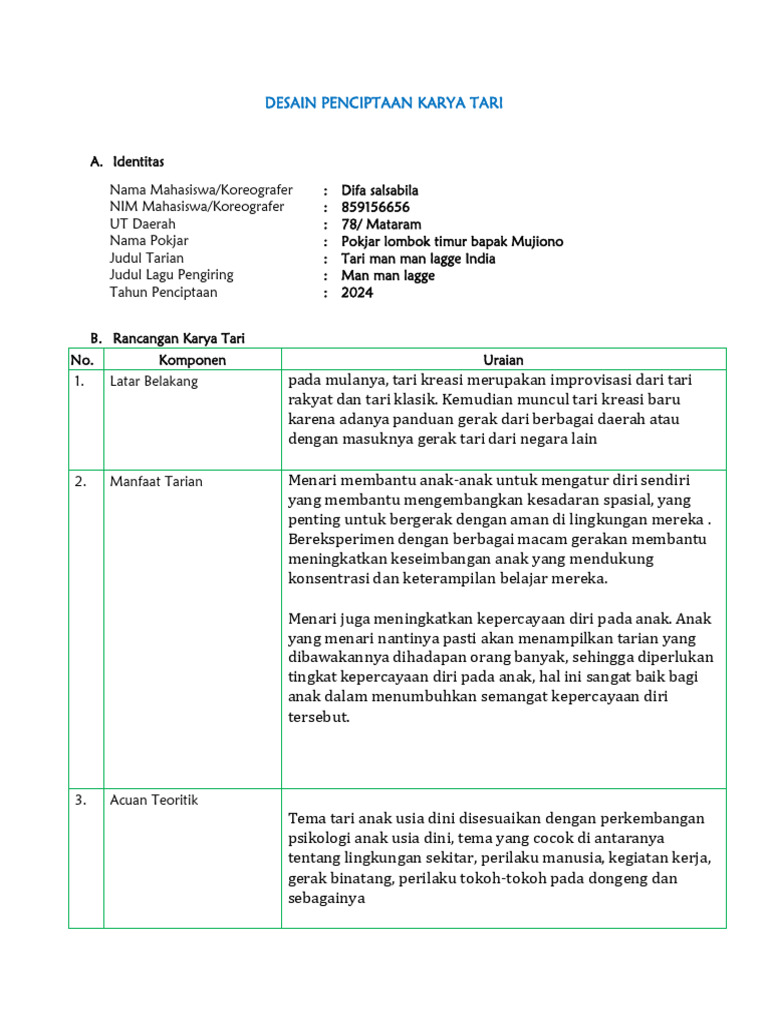 Format Rancangan Penciptaan Karya Tari | PDF