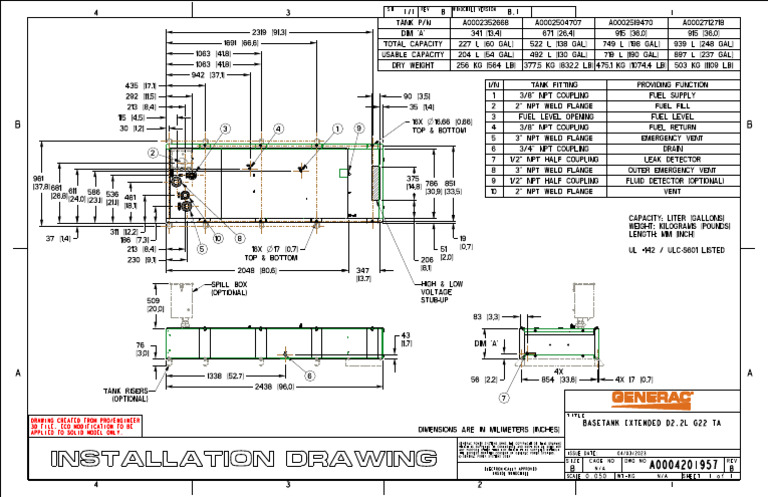 GENERAC SD030T 30KW 2.2.1L Basetank (190G Ext JT) Install Drawing | PDF