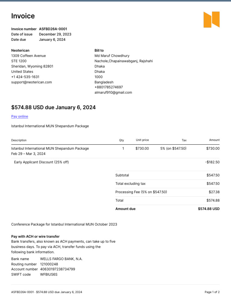 Invoice for MUN Conference Package | PDF