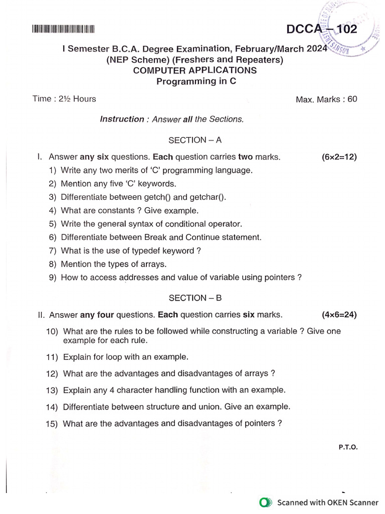 1 BCA Programming C 2024 | PDF