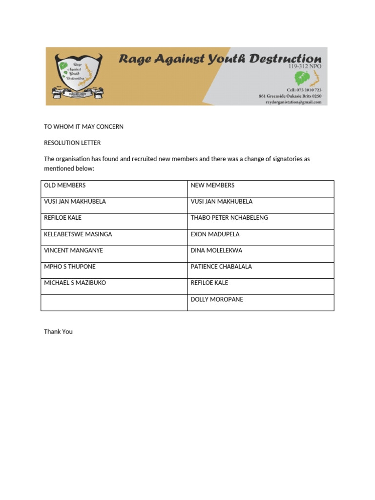 Resolution Letter 2018 | PDF