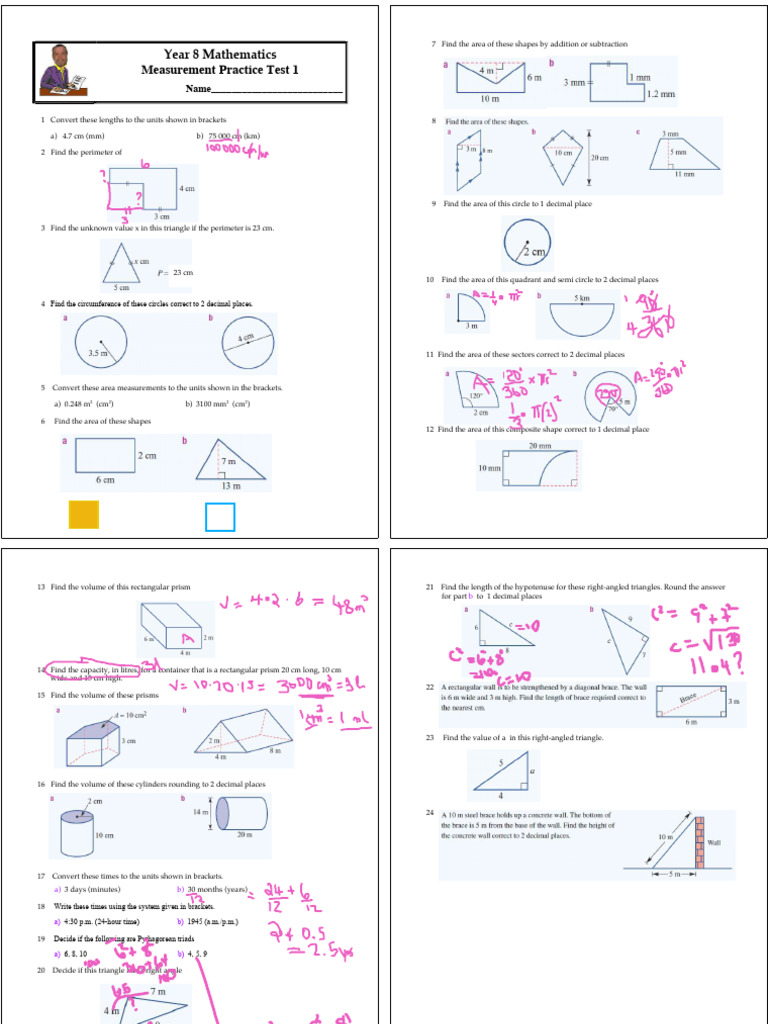 Year 8 Measurement Practice Test | PDF | Area | Volume