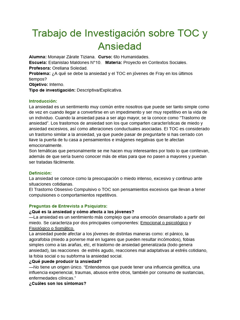 Trabajo de Investigación sobre TOC y Ansiedad | PDF | Desorden obsesivo ...