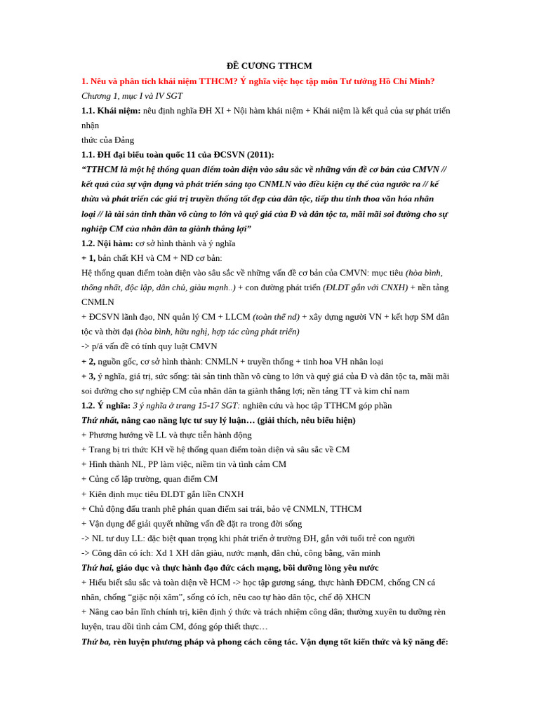 ĐỀ CƯƠNG TTHCM | PDF