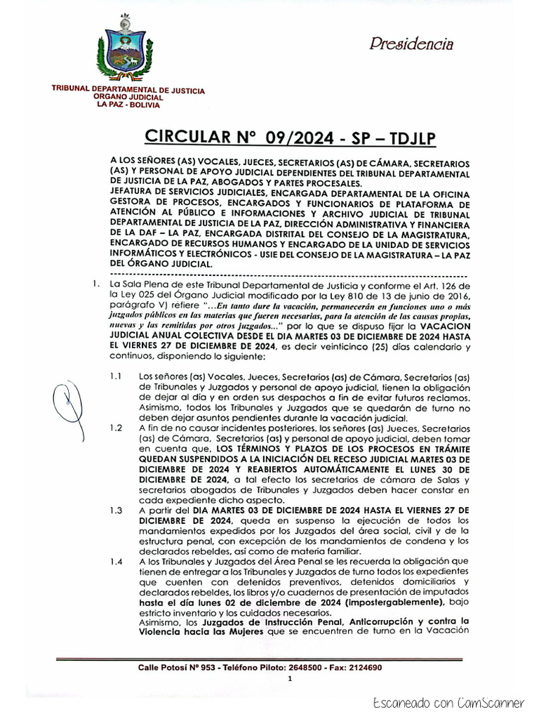 Circular 09.24 Vacaciones Judiciales | PDF