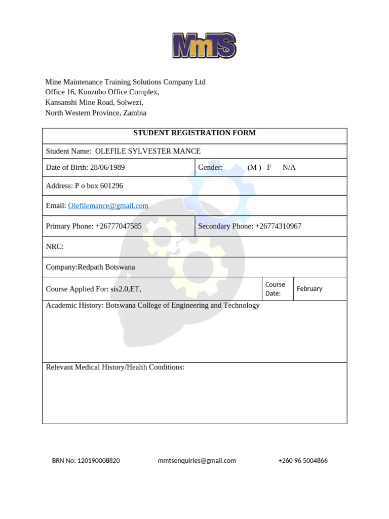 Mining Training Registration Form | PDF