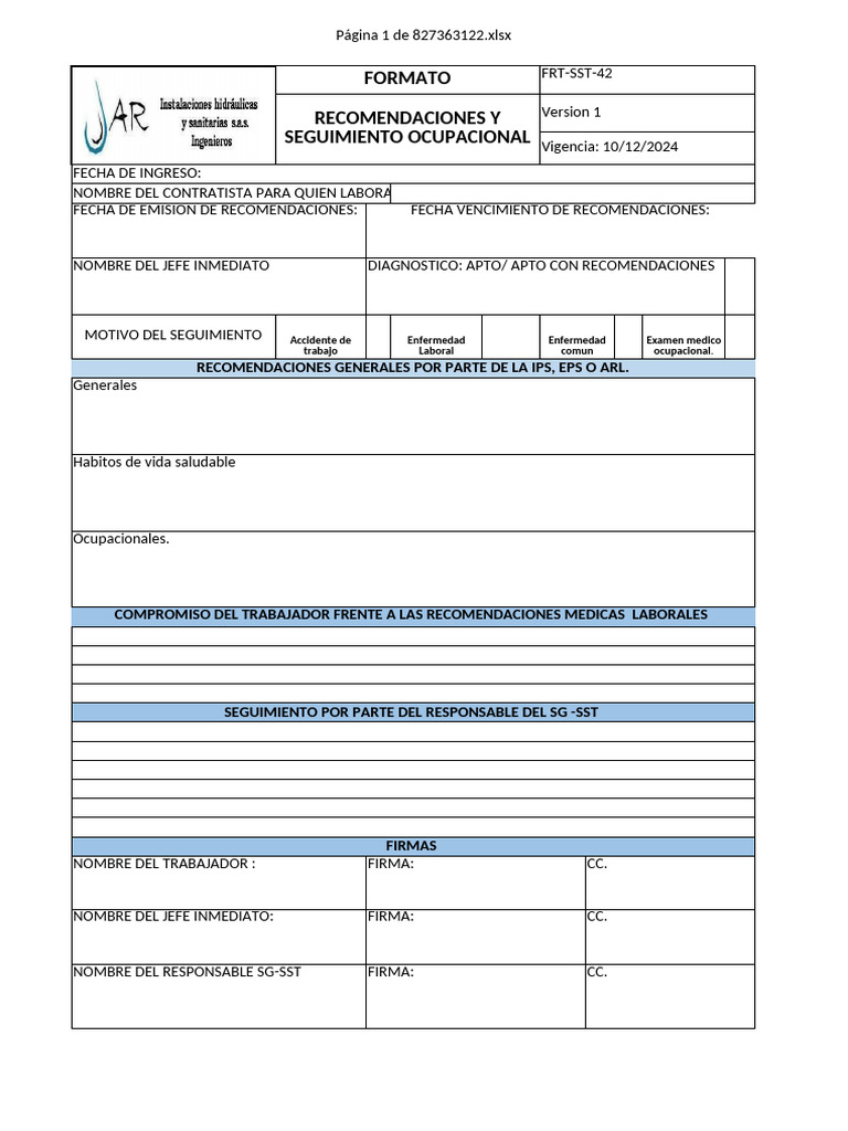 FRT-SST-41 Formato Recomendaciones Medicas | PDF