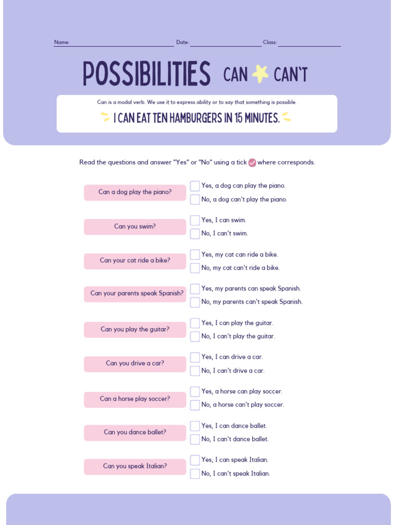 CanCan't Worksheet Possibilities | PDF