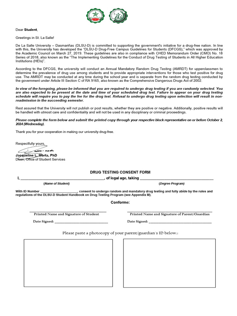 DLSUD - Drug Testing Consent Form Signed. | PDF | Justice | Crime ...