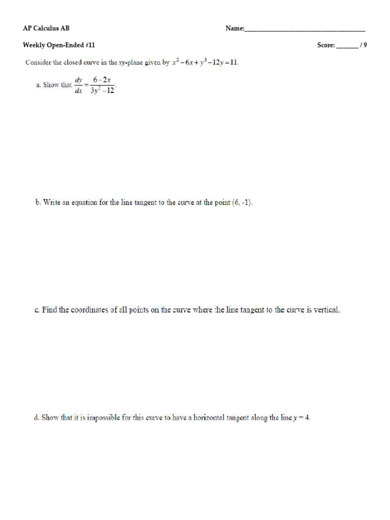 AP Calculus AB Weekly Open-Ended #11 | PDF