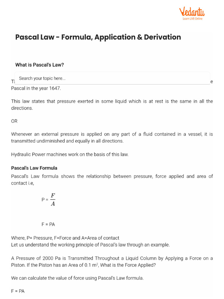 Pascal Law - Formula, Application & Derivation | PDF