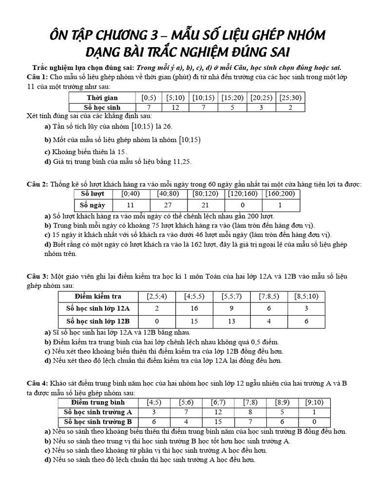 Ôn tập chương 3 - Mẫu số liệu ghép nhóm - Dạng bài đúng sai | PDF