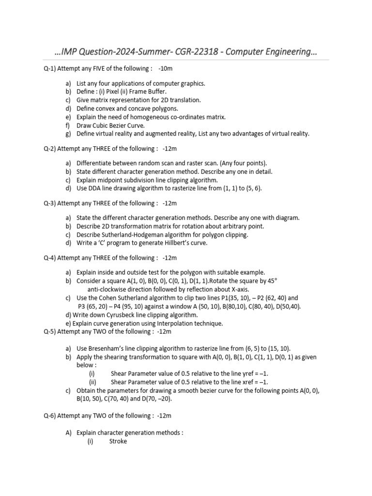 IMP Question-CGR | PDF | 2 D Computer Graphics | Computer Graphics